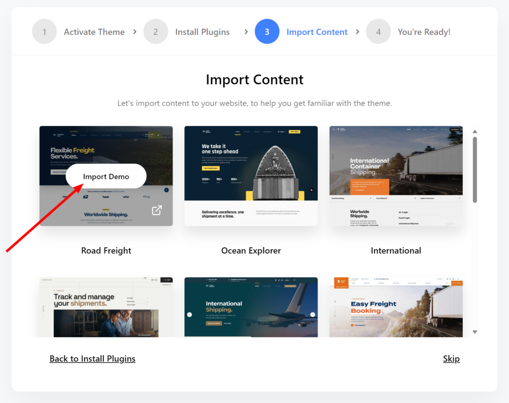 Importing a Full Demo - LogisticsHub Theme Documentation