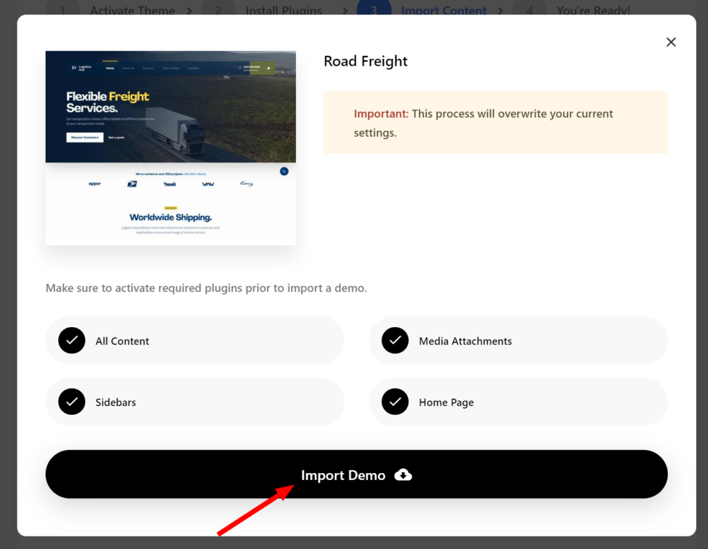 Importing a Full Demo - LogisticsHub Theme Documentation